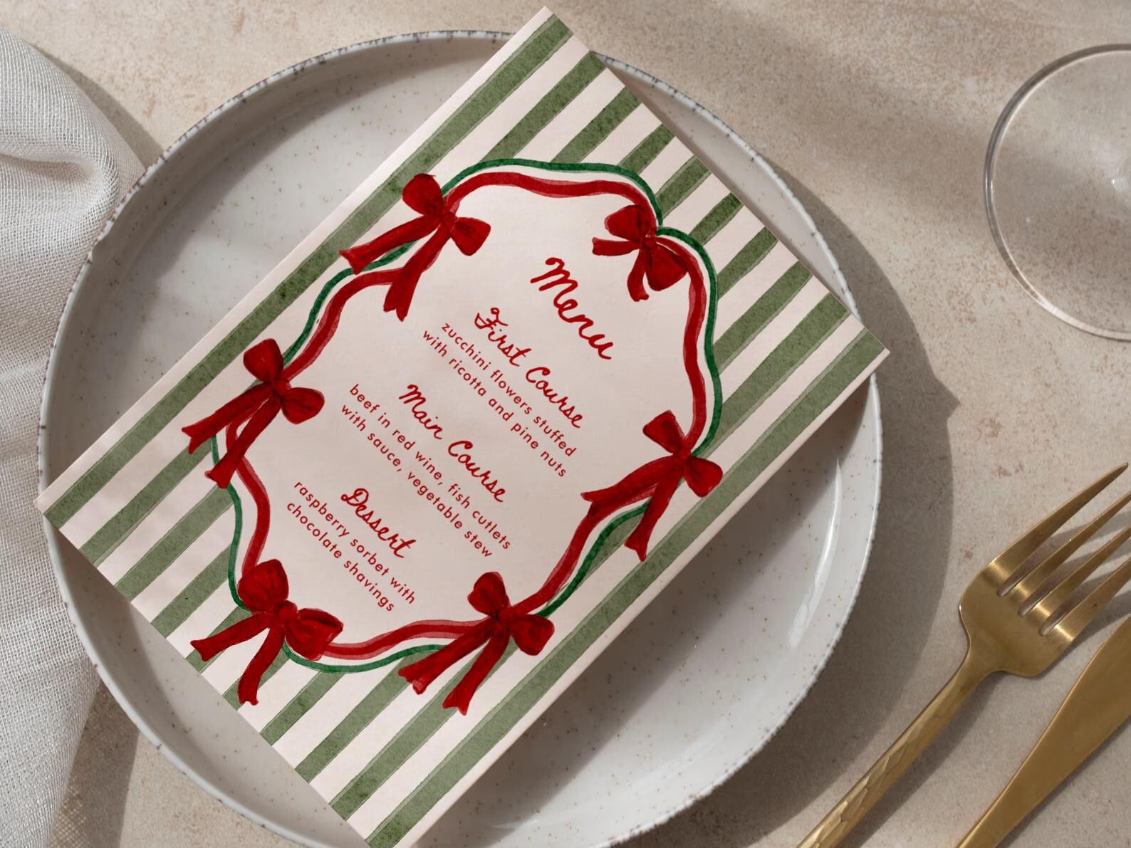 Editable Christmas Dinner Menu Template – Festive Holiday Party Menu With Watercolor Red Bows ...