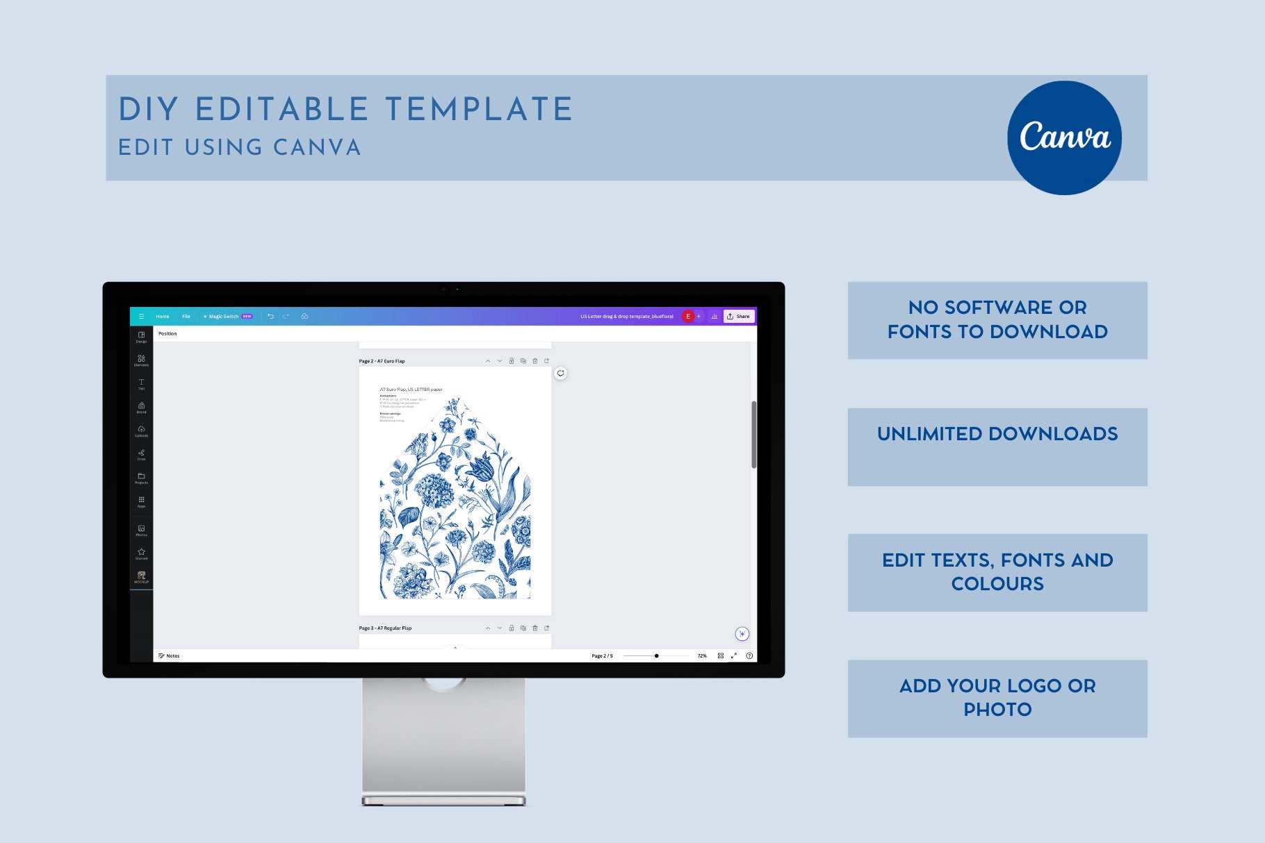 Blue Floral Envelope Liner Template, Printable Envelope, A7, Euro Flap ...