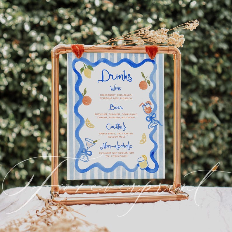 Blue Citrus Wedding Drink Menu Template, Editable Bar Sign, Printable ...