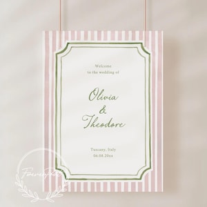 Pink Striped Wedding Welcome Sign Template, Watercolor Border Sign ...
