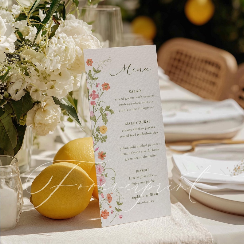 Wildflower Menu Template, Garden Party Bridal Shower Menu, Boho Flowers ...