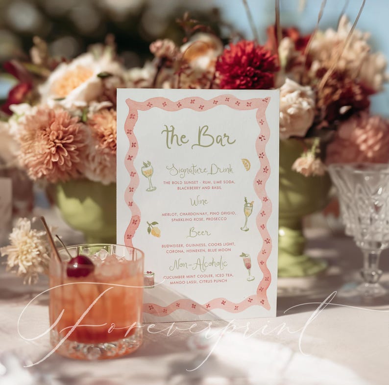 Blush Pink Whimsical Bar Menu Template, Peach Watercolor, Printable ...