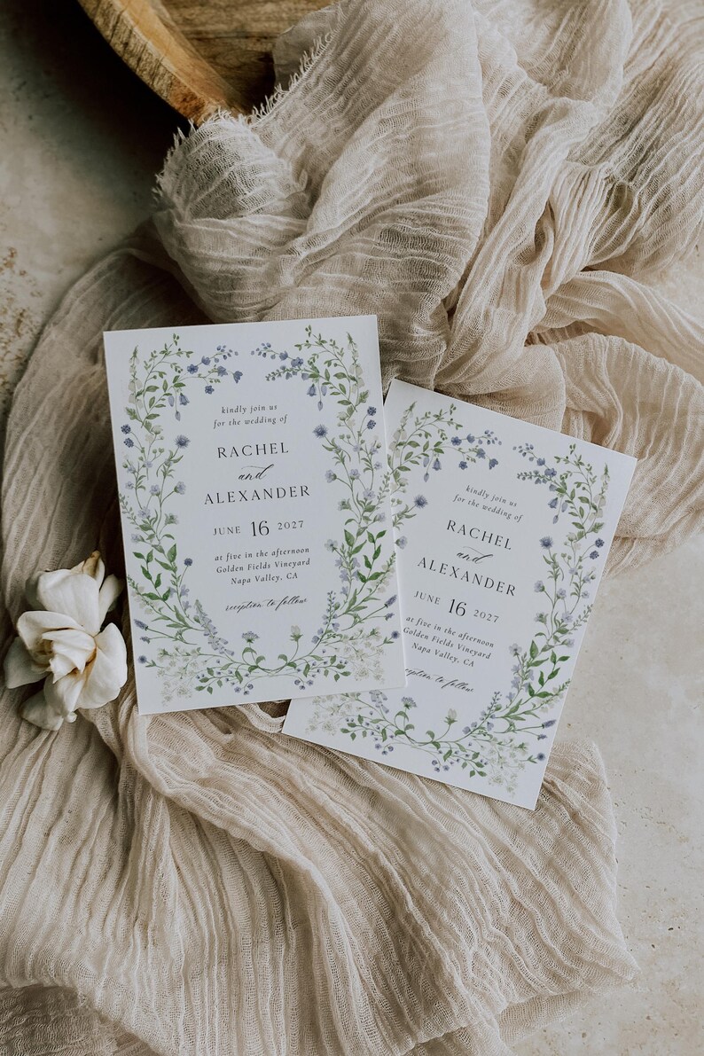 Editable Wedding Invitation Template - Blue Floral Greenery Design ...