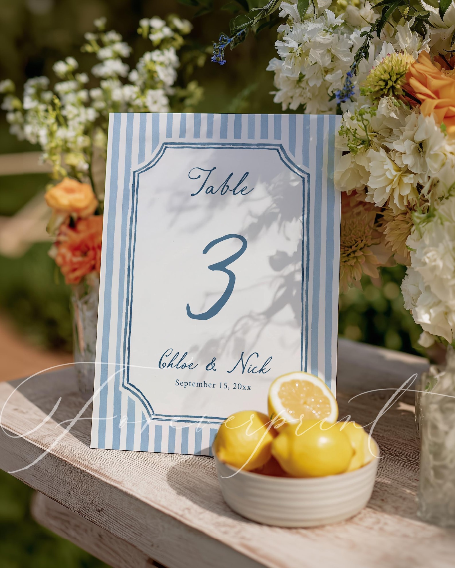 Blue Striped Wedding Table Number Template, Elegant Watercolor Table ...