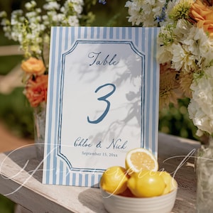 Blue Striped Wedding Table Number Template, Elegant Watercolor Table ...