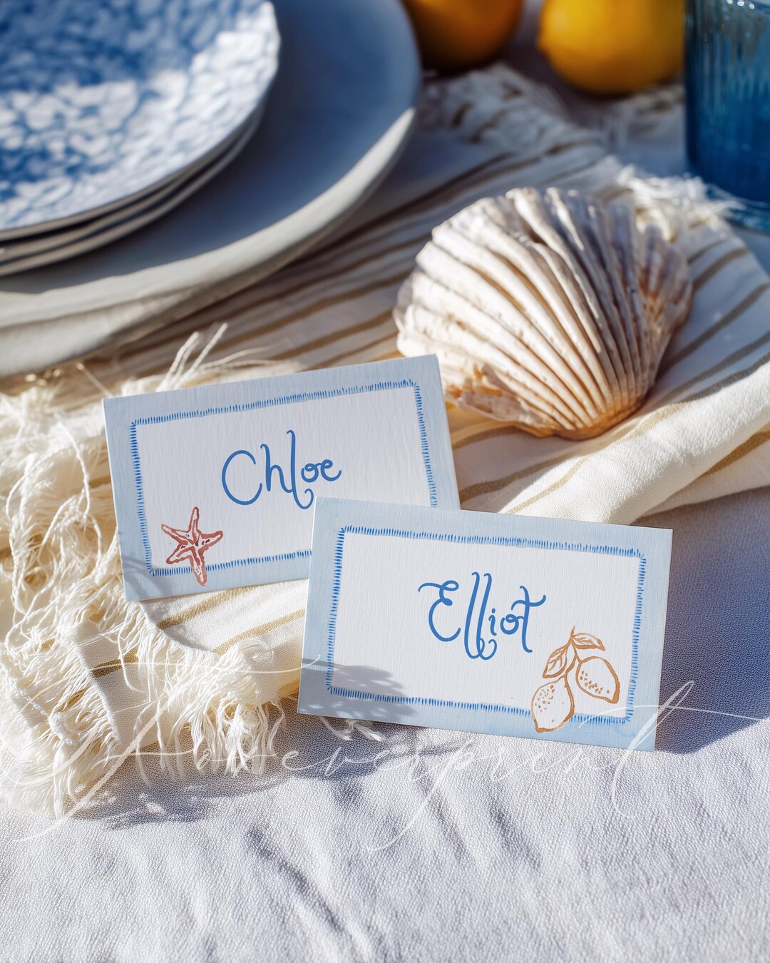 Blue Coastal Place Cards Template, Printable Place Cards, Watercolor ...