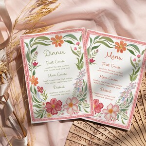 Peach Floral Menu Template, Hand Drawn, Printable Dinner Menu, Editable ...