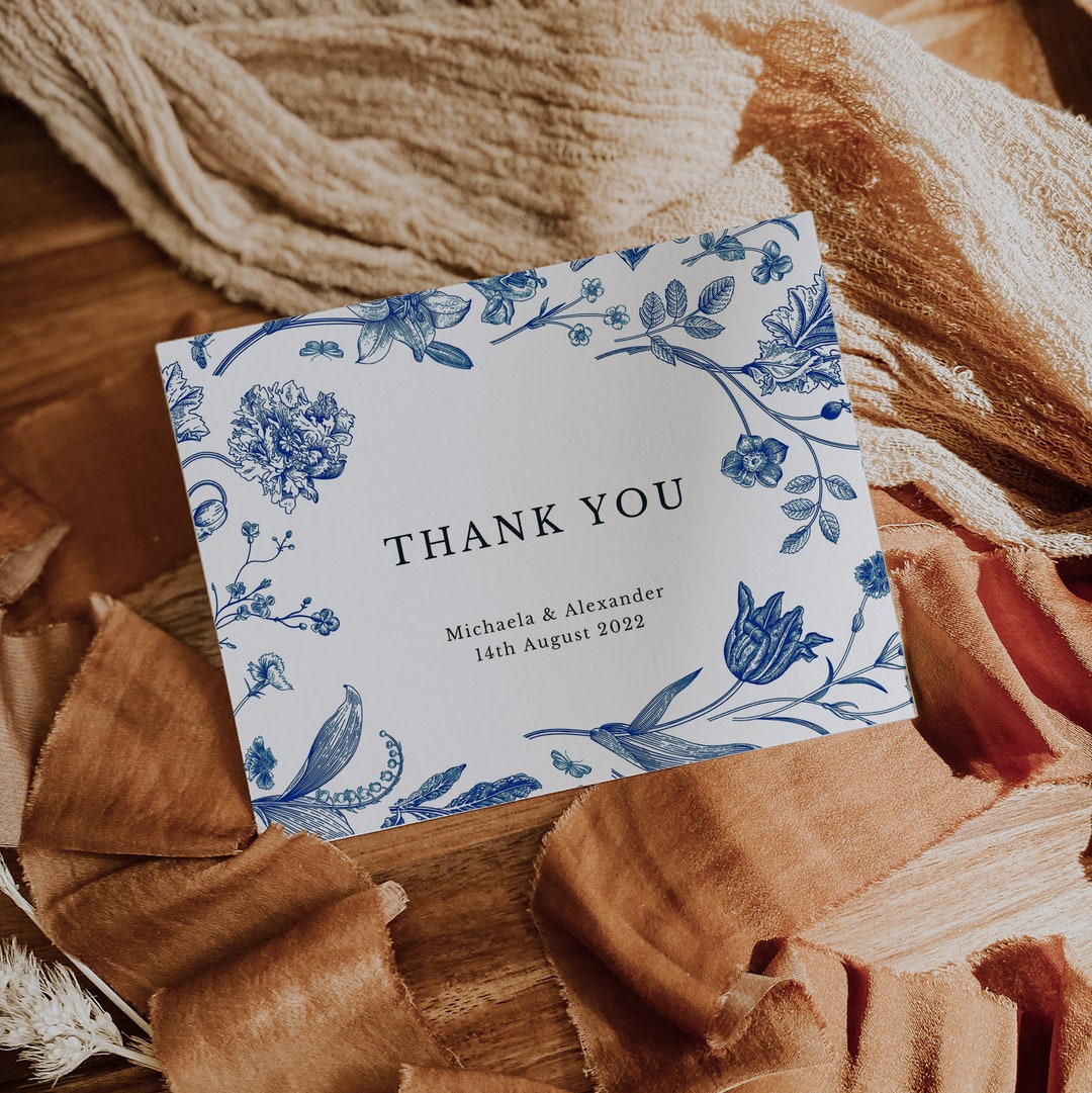 Blue Floral Thank You Card Template, Editable Thank You Card, Printable ...