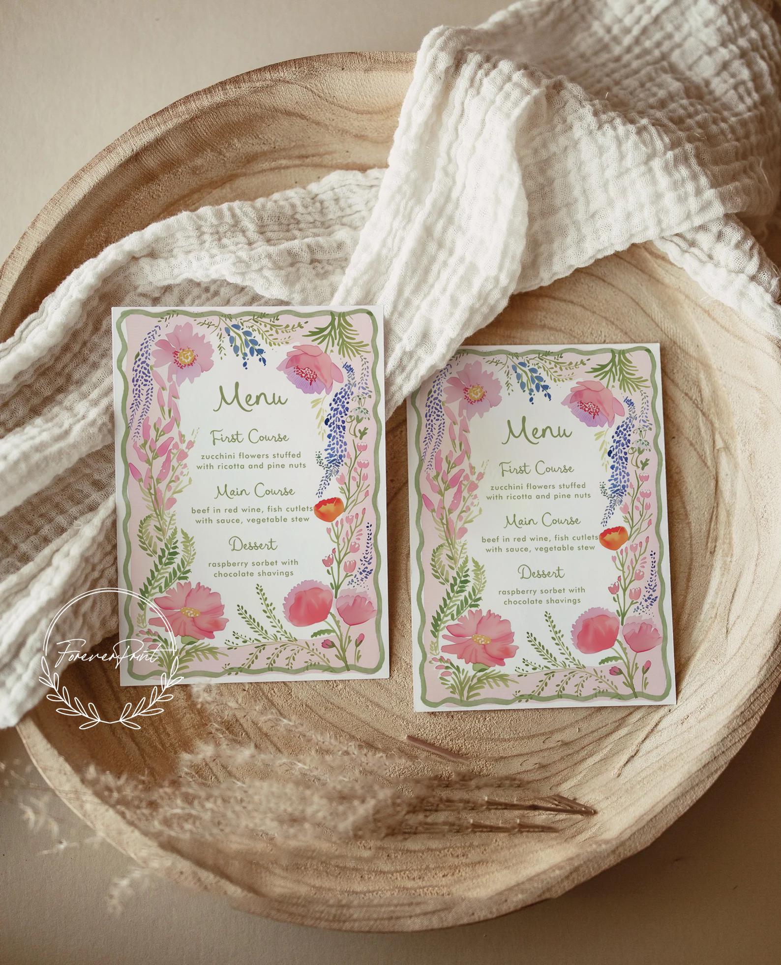 Pink Floral Menu Template, Hand Drawn, Printable Dinner Menu, Editable ...