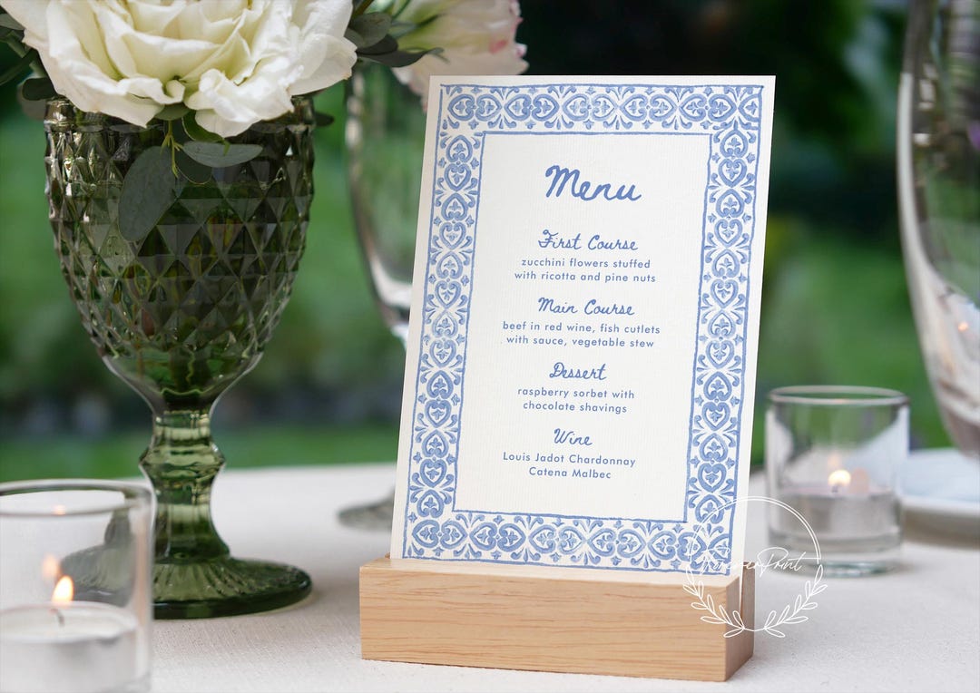 Blue Watercolor Ornate Border Menu Template, Rustic Boho Wedding or ...
