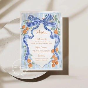 Blue Bow Oranges Menu Template, Hand Drawn, Printable Dinner Menu ...