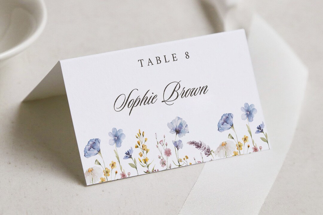 Blue Floral Place Cards Template, Printable Place Cards, Wedding Name ...