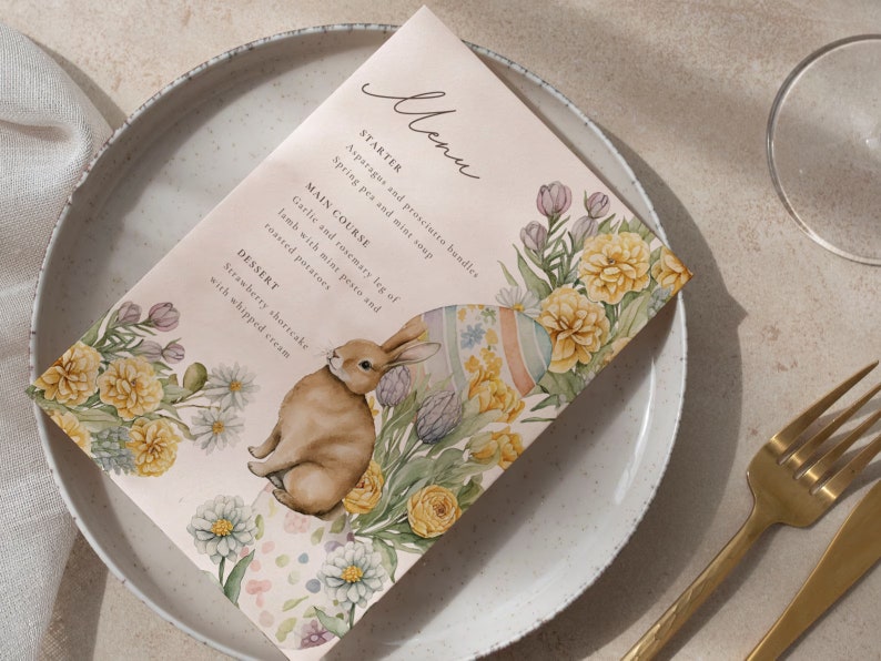 Easter Brunch Menu, Easter Menu, Watercolor Bunny Menu, Printable ...