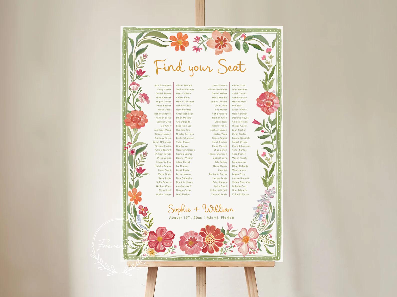 Colorful Floral Seating Chart Wedding Sign, Romantic Garden Seating ...