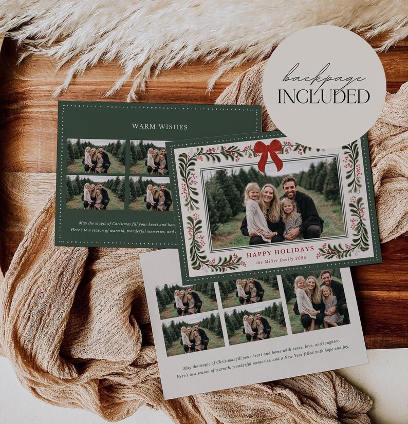 Holiday Photo Card Template With Bow, Botanical Christmas Card ...