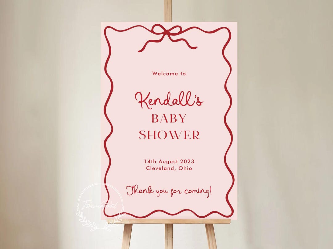 Editable Curvy Bow Baby Shower Welcome Sign, Baby Shower Pink Ribbon ...