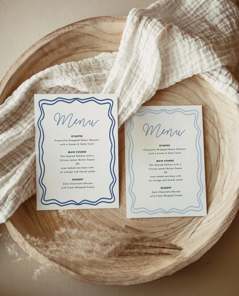 Blue Menu & Placecard Template, Blue Hand Painted Bridal Shower Menu ...