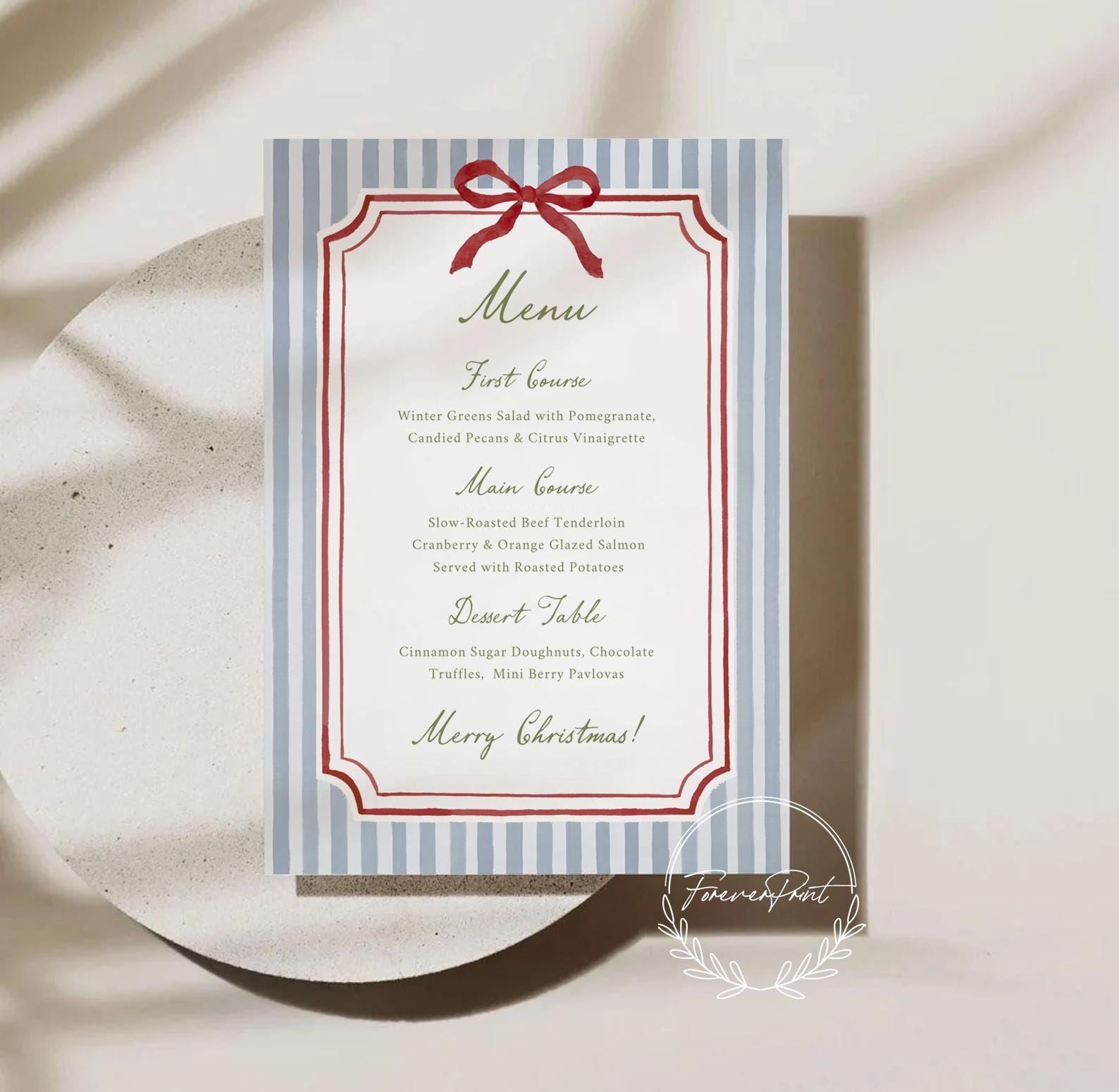 Editable Christmas Menu Template, Watercolor Red Bow, Blue Stripes ...