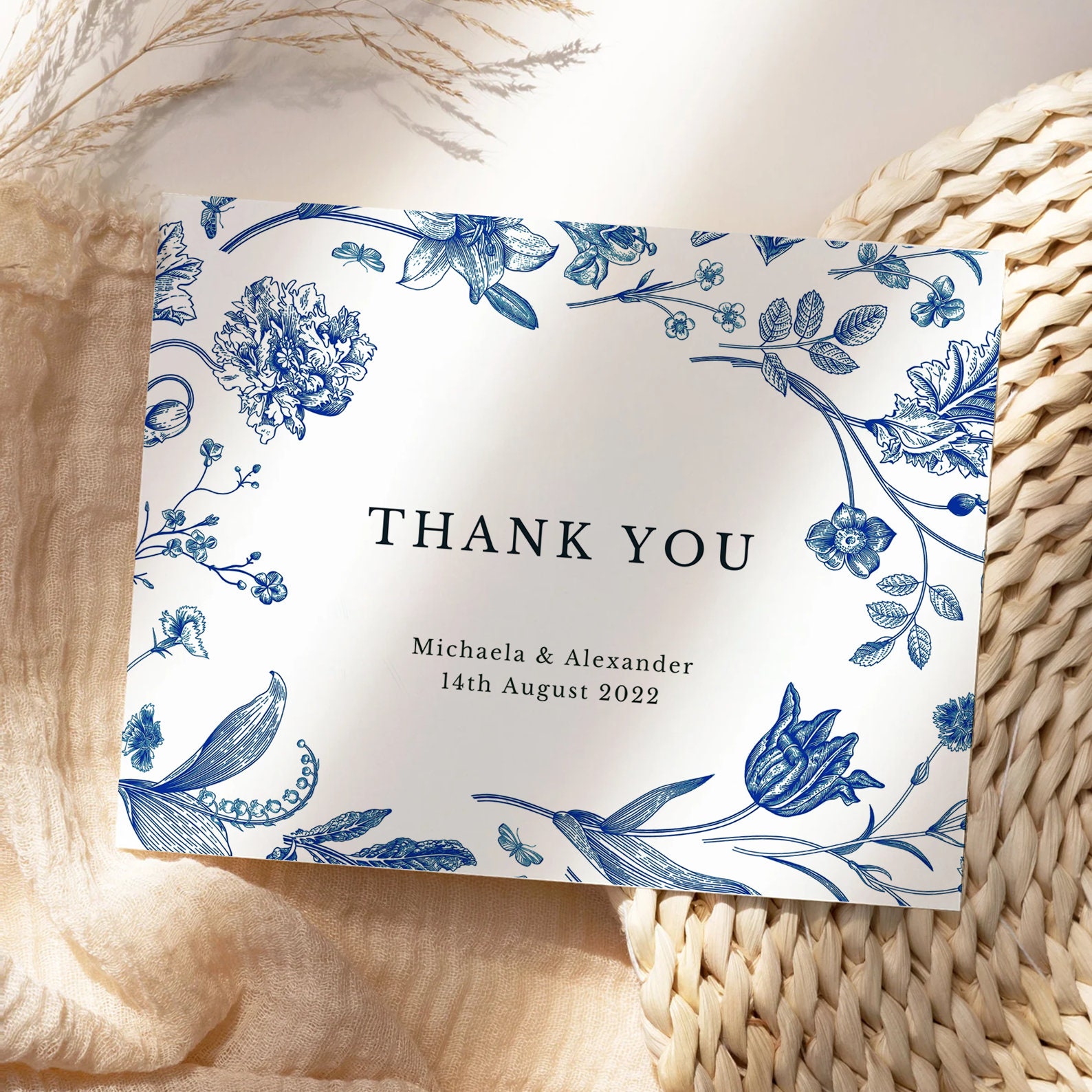 Blue Floral Thank You Card Template, Editable Thank You Card, Printable ...