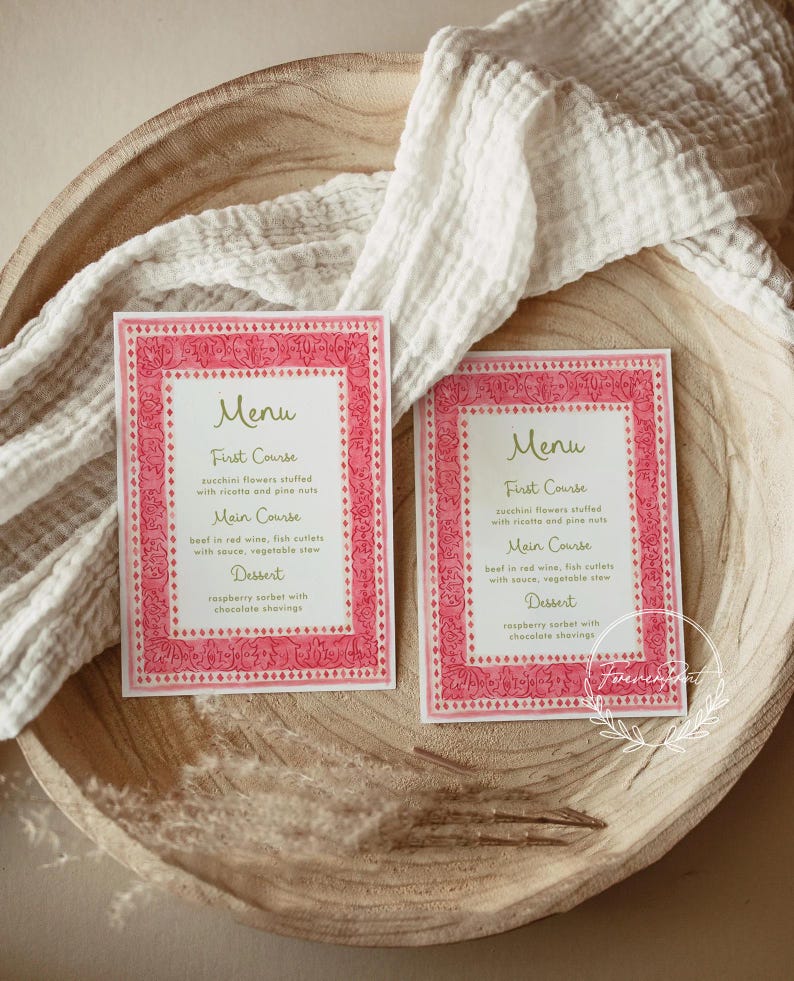 Pink Watercolor Floral Border Menu Template, Rustic Boho Wedding or ...
