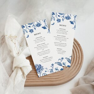 Elegant Blue Floral Wedding Menu Template, Navy Florals, Editable ...