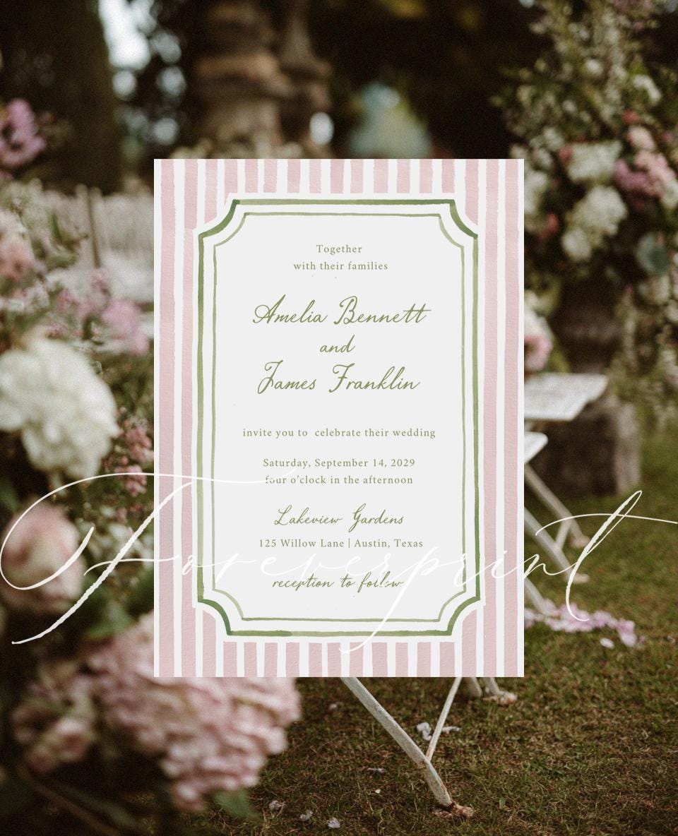 Pink Stripe Wedding Invitation Template Suite, Editable RSVP & Details ...