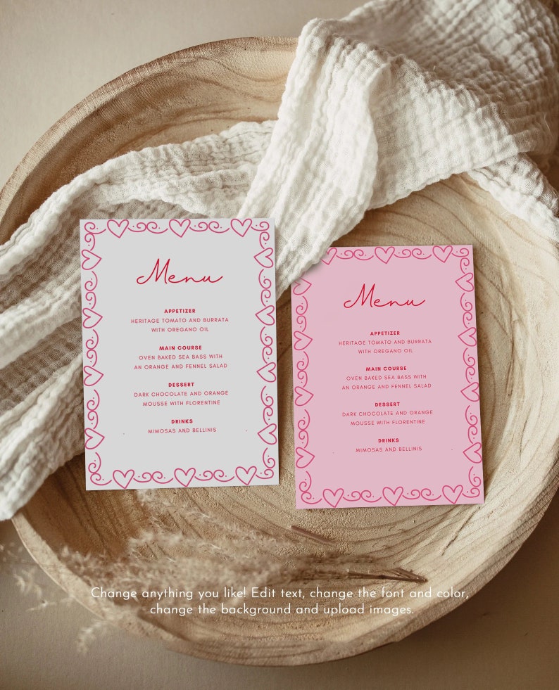 HEARTS Menu Editable Template Printable Dinner Menu Card - Etsy