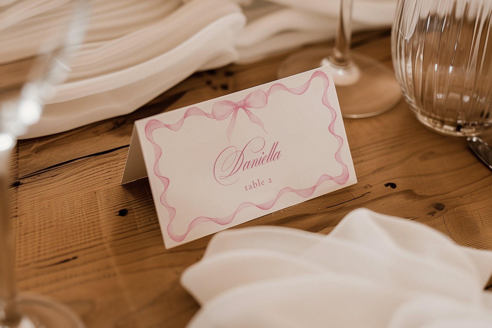 Pink Bow Place Cards, Bow Name Cards, Ribbon Border, Curvy, Printable ...