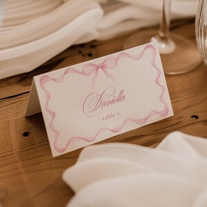Pink Bow Place Cards, Bow Name Cards, Ribbon Border, Curvy, Printable ...