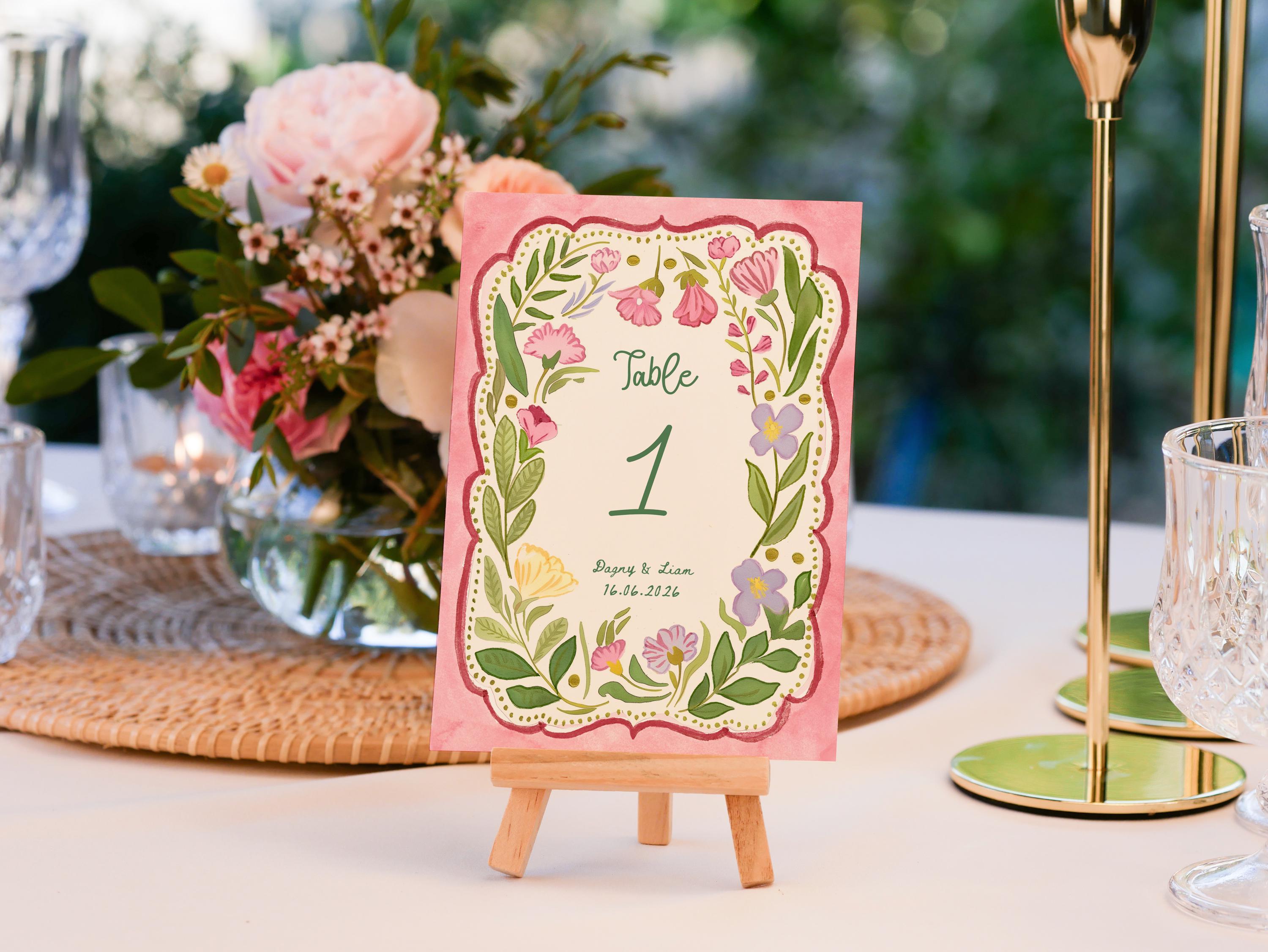 Pink Floral Table Number Template, Hand Drawn, Printable Table Number ...