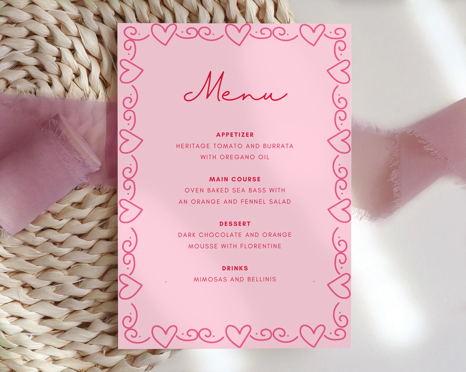 HEARTS Menu Editable Template, Printable Dinner Menu Card, Dinner Party ...