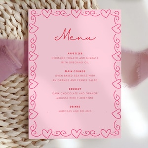 HEARTS Menu Editable Template, Printable Dinner Menu Card, Dinner Party ...
