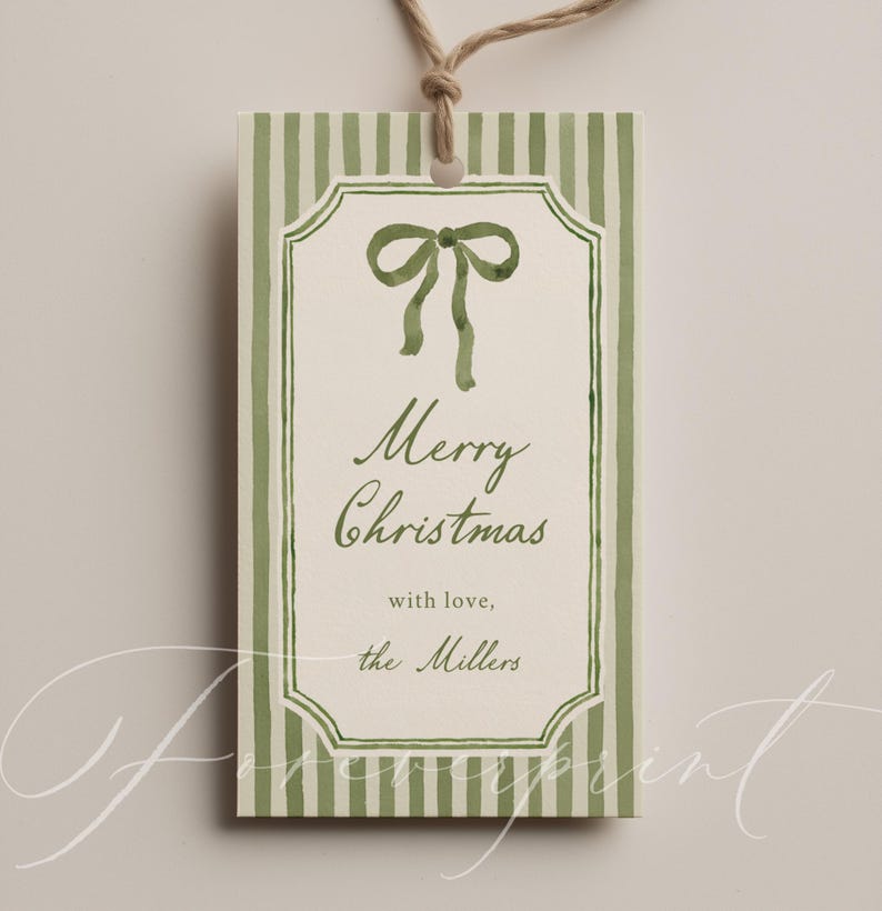 Green Stripe Christmas Gift Tag Template – Watercolor Bow Holiday Tag ...