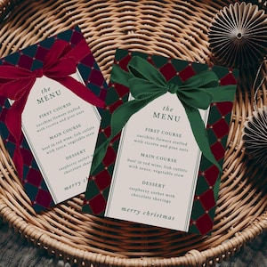 Editable Christmas Dinner Menu Template – Festive Holiday Party Menu With Bow Plaid – Printable ...