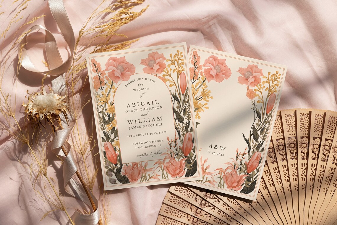 Peach Floral Wedding Invitation Template, Printable Wedding Invitation ...