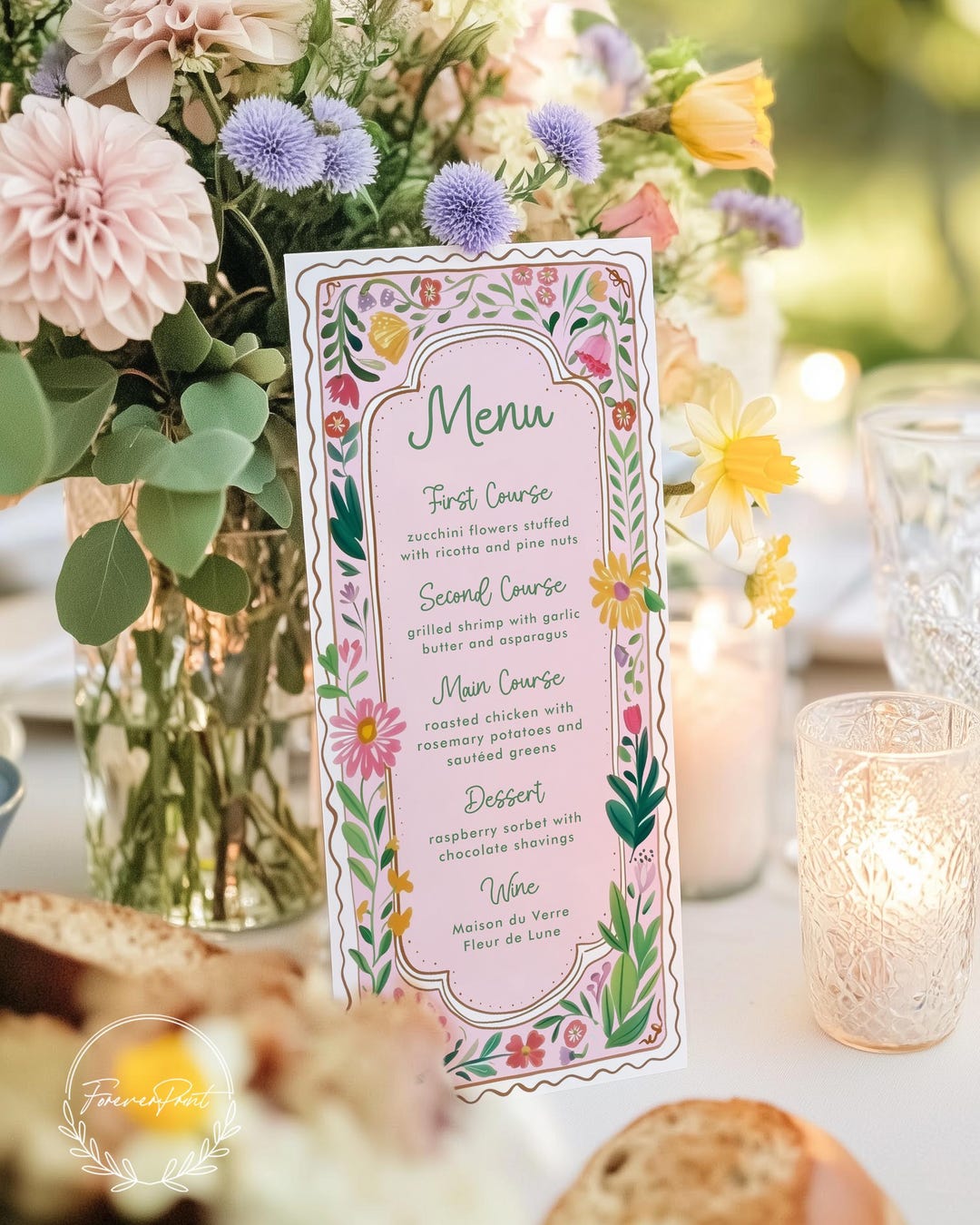 Pink Floral Menu Template, Hand Drawn, Printable Dinner Menu, Editable ...