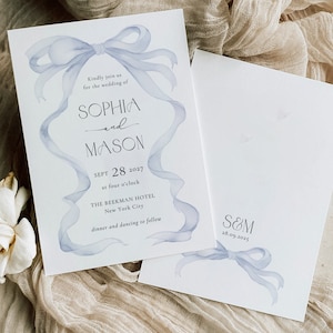 Blue Bow Wedding Invitation, Curvy Invitation, Editable Template, Blue ...