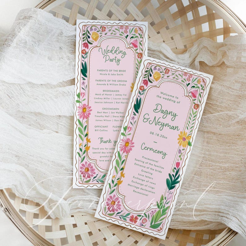 Editable Wedding Program Template, Floral Ceremony & Wedding Party Sign ...