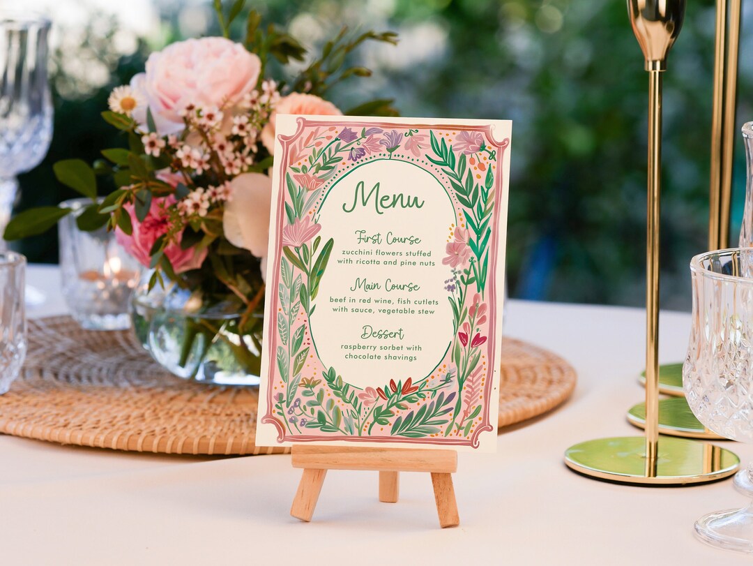Pink Floral Menu Template, Hand Drawn, Printable Dinner Menu, Editable ...