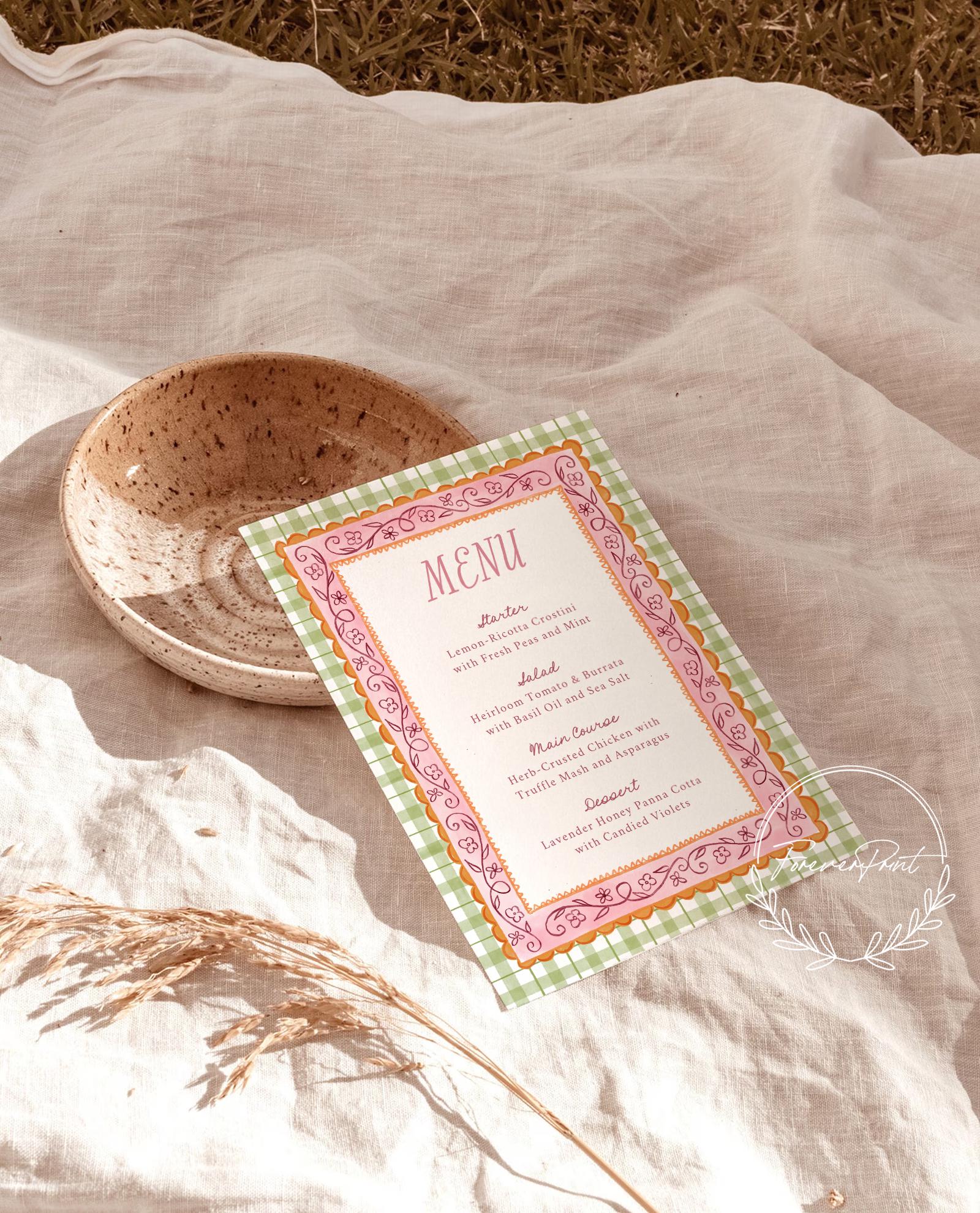 Pink & Green Watercolor Floral Border Menu Template, Gingham Wedding or ...