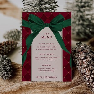 Editable Christmas Dinner Menu Template – Festive Holiday Party Menu With Bow Plaid – Printable ...