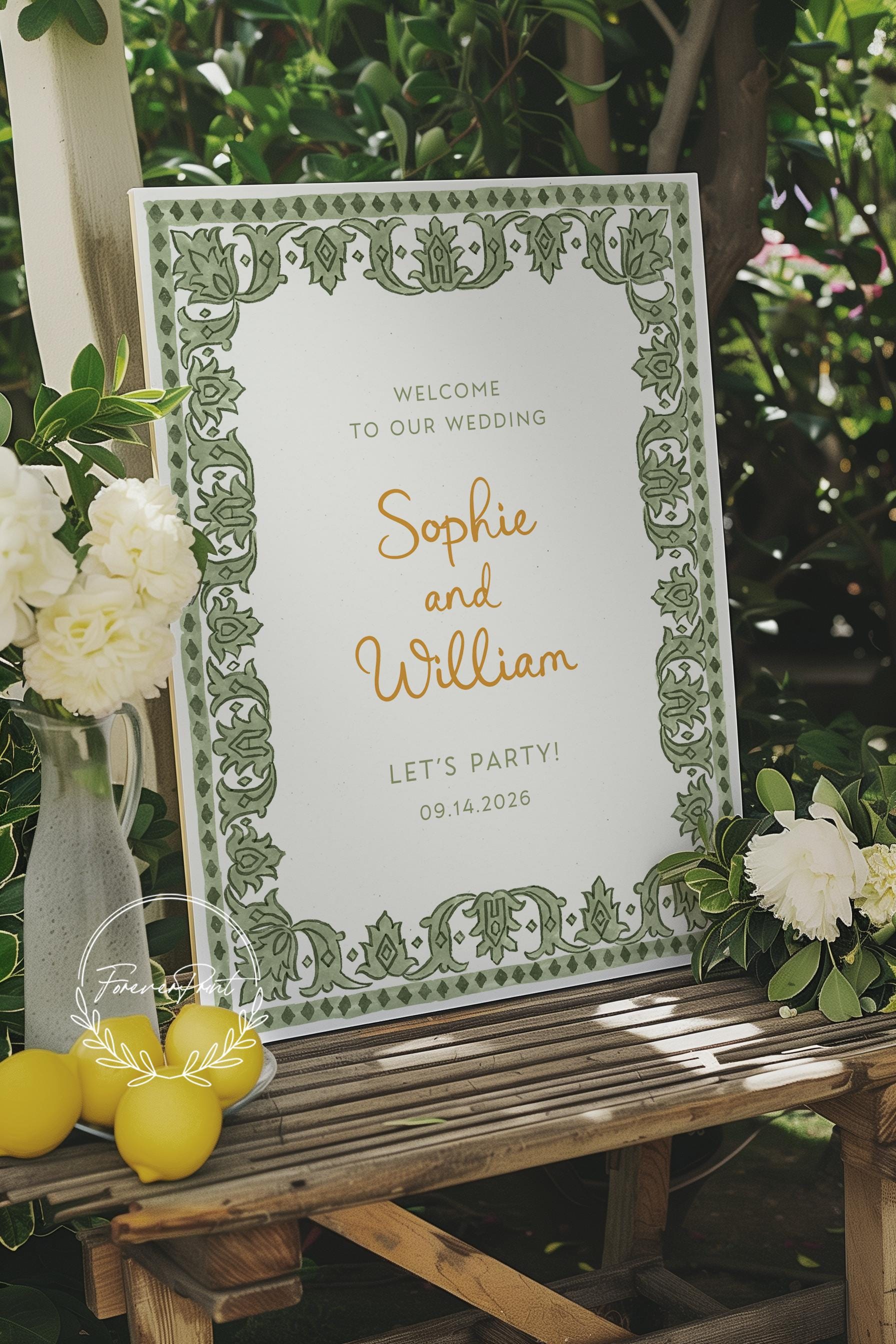 Green Watercolor Wedding Welcome Sign Template | Vintage Border Design ...