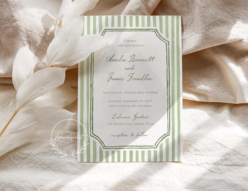 Green Stripe Wedding Invitation Template Suite, Editable RSVP & Details ...