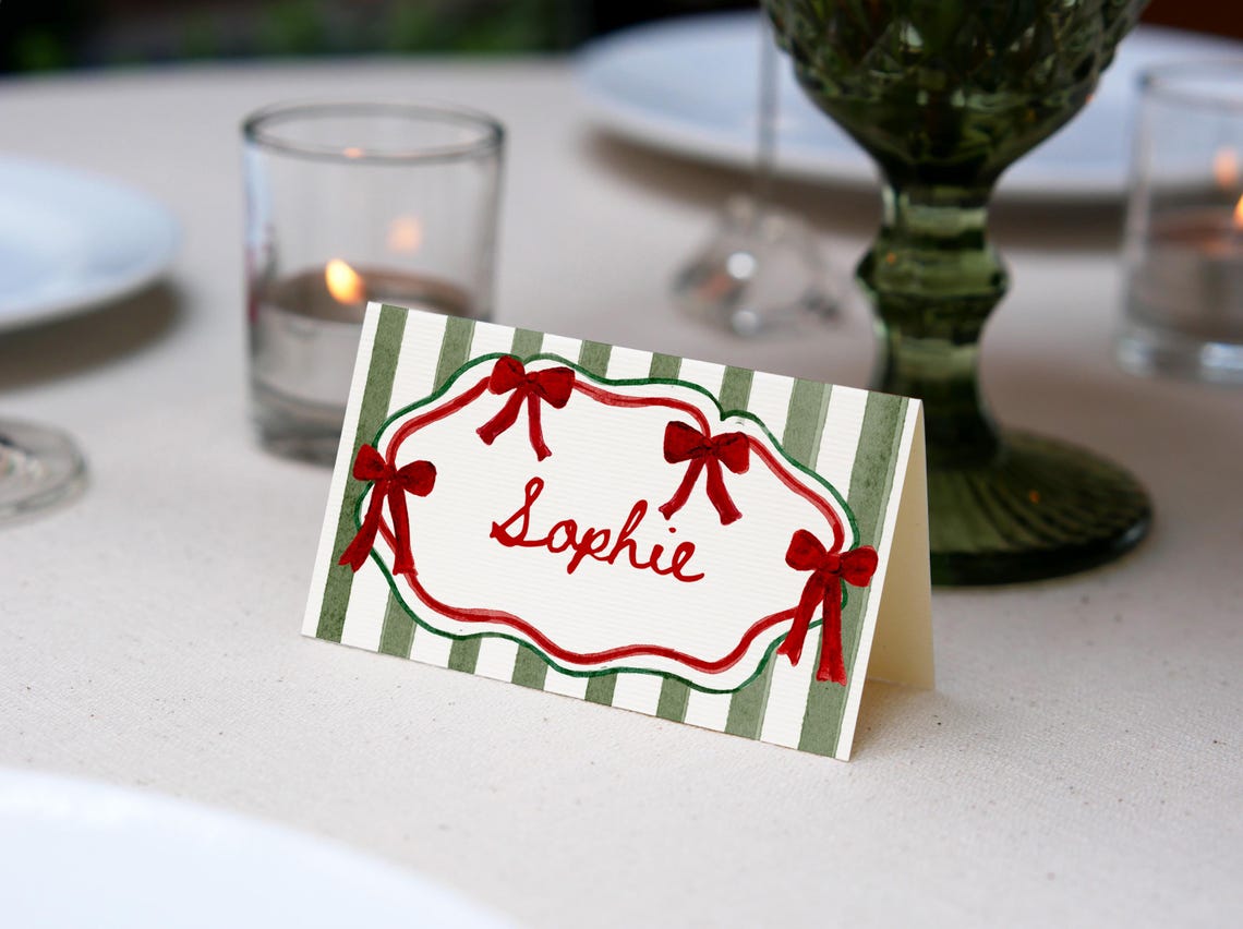 Editable Christmas Place Cards Template With Red Bows, Personalized ...
