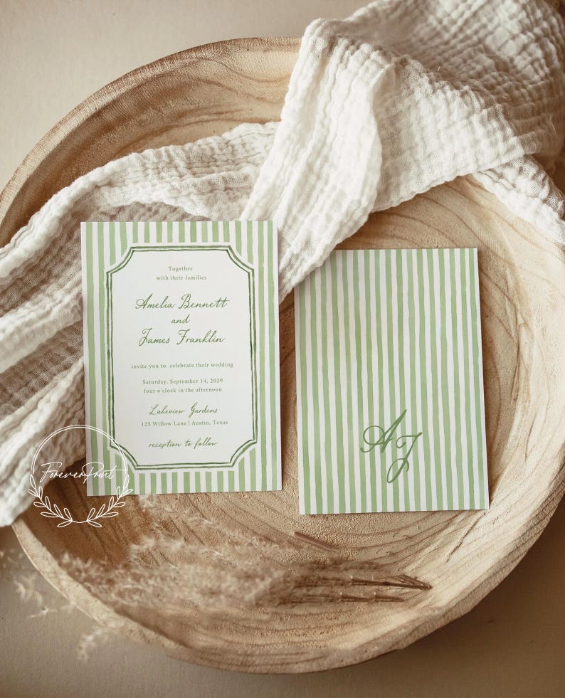 Green Stripe Wedding Invitation Template Suite, Editable RSVP & Details ...