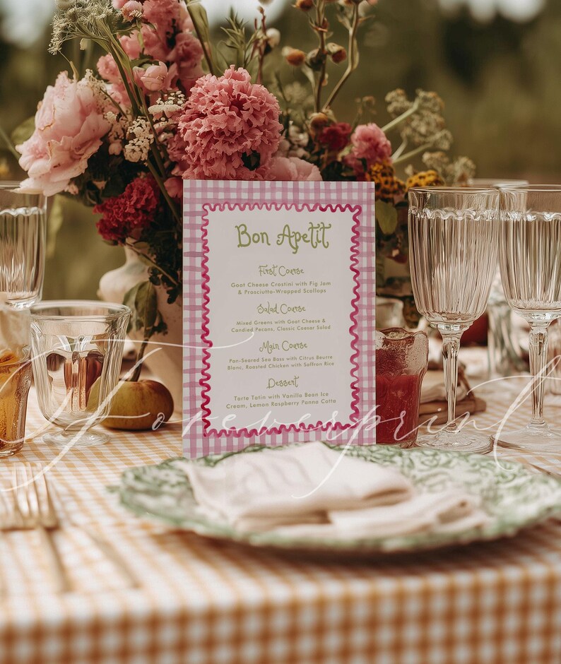 Watercolor Pink Gingham Menu Template, Rustic Boho Wedding or Bridal ...
