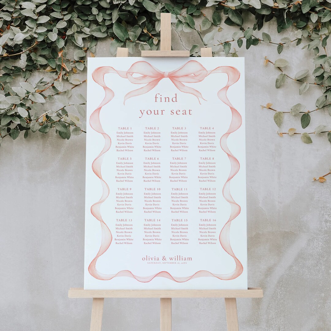 Pink Bow Seating Chart, Printable Wedding Table Plan, Wedding Plan ...
