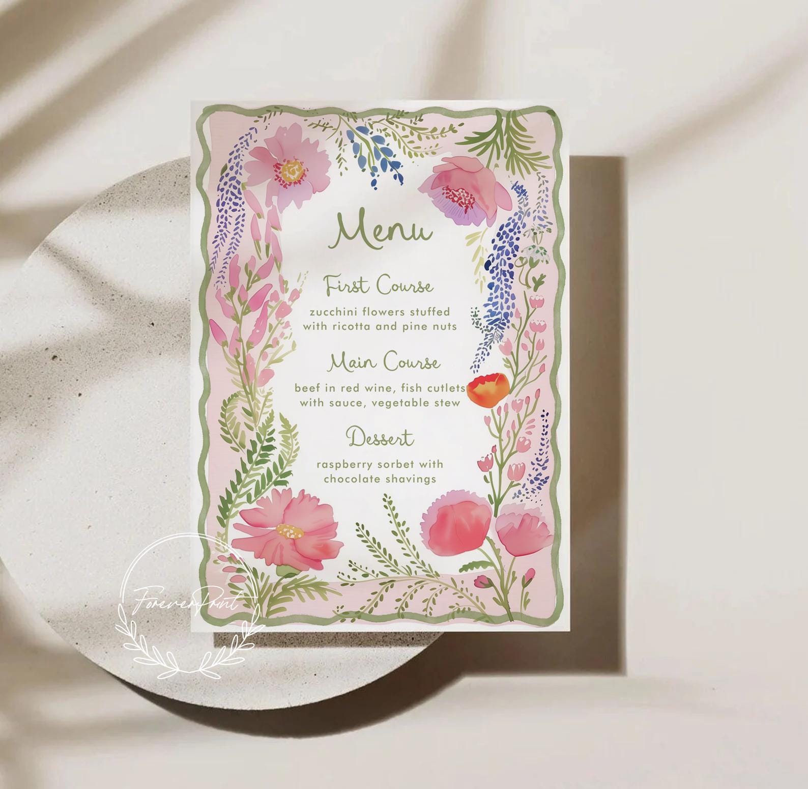Pink Floral Menu Template, Hand Drawn, Printable Dinner Menu, Editable ...