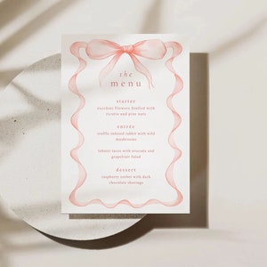 Pink Ribbon Bow Menu Template, Hand Drawn, Wedding/bridal Shower Menu ...