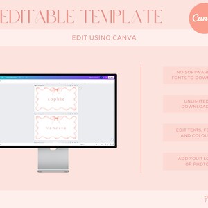Pink Bow Place Cards, Bow Name Cards, Ribbon Border, Curvy, Whimsical ...